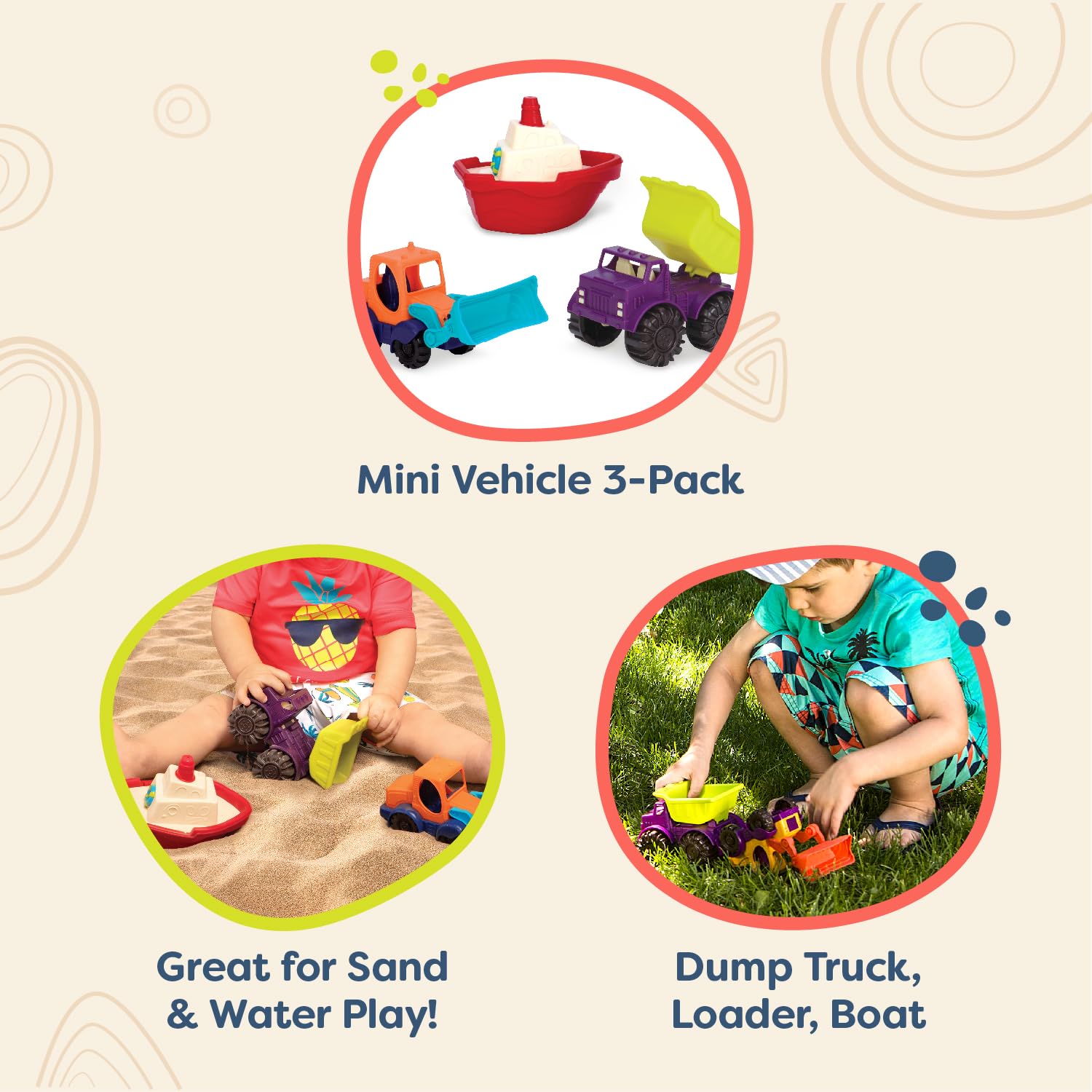 B. toys- 3 Mini Toy Cars - Water & Sand Vehicles Beach Playset for Kids 18 Months+