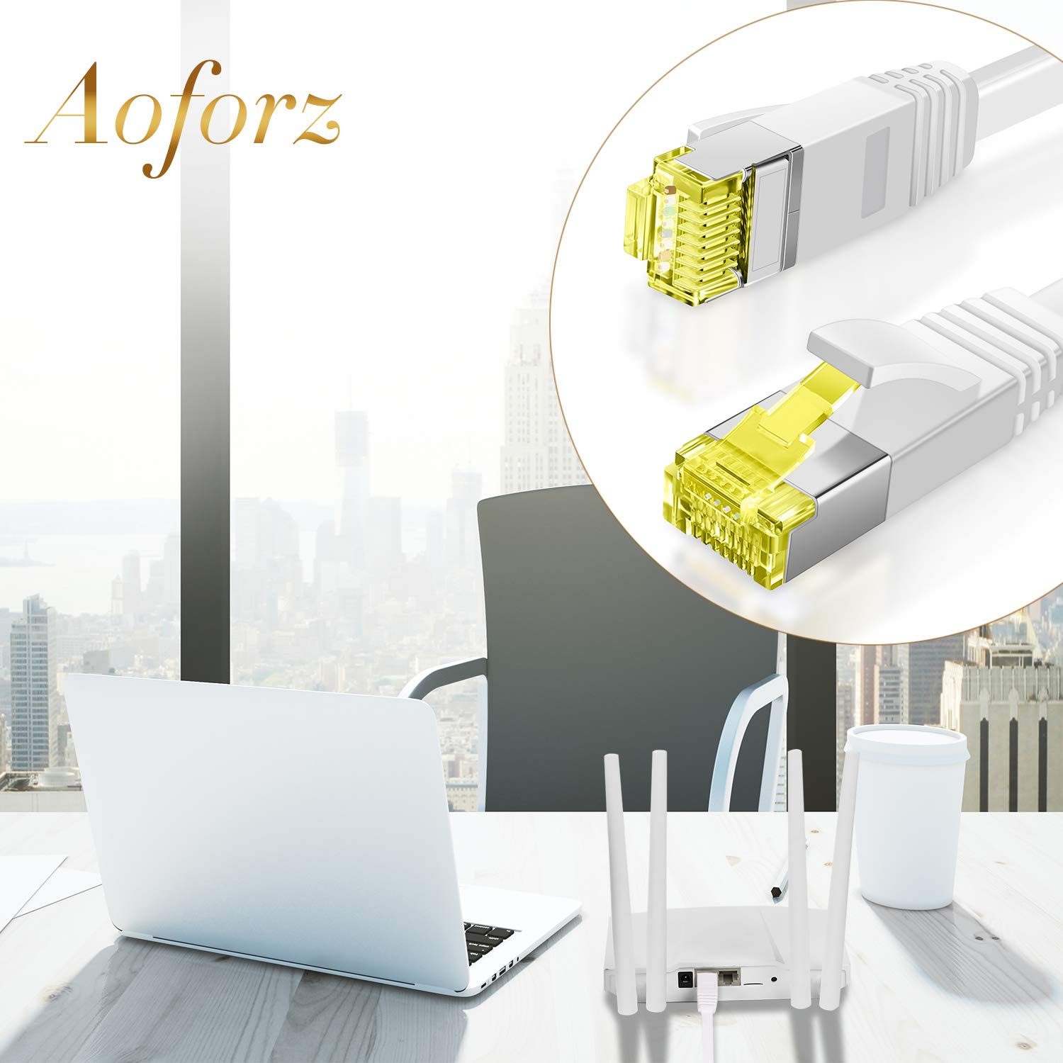 Aoforz Cat 6 Ethernet Cable 100 ft,High Speed Flat White Cat 6 Internet Network Patch Cord,Long Ethernet Cable with Snagless Rj45 Connectors and Cable Clips-(100 Feet)