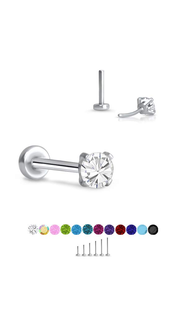 316 Stainless Steel Threadless Push Pin Nose Ring Labret Monroe Stud 2.5mm Prong Clear CZ 20G
