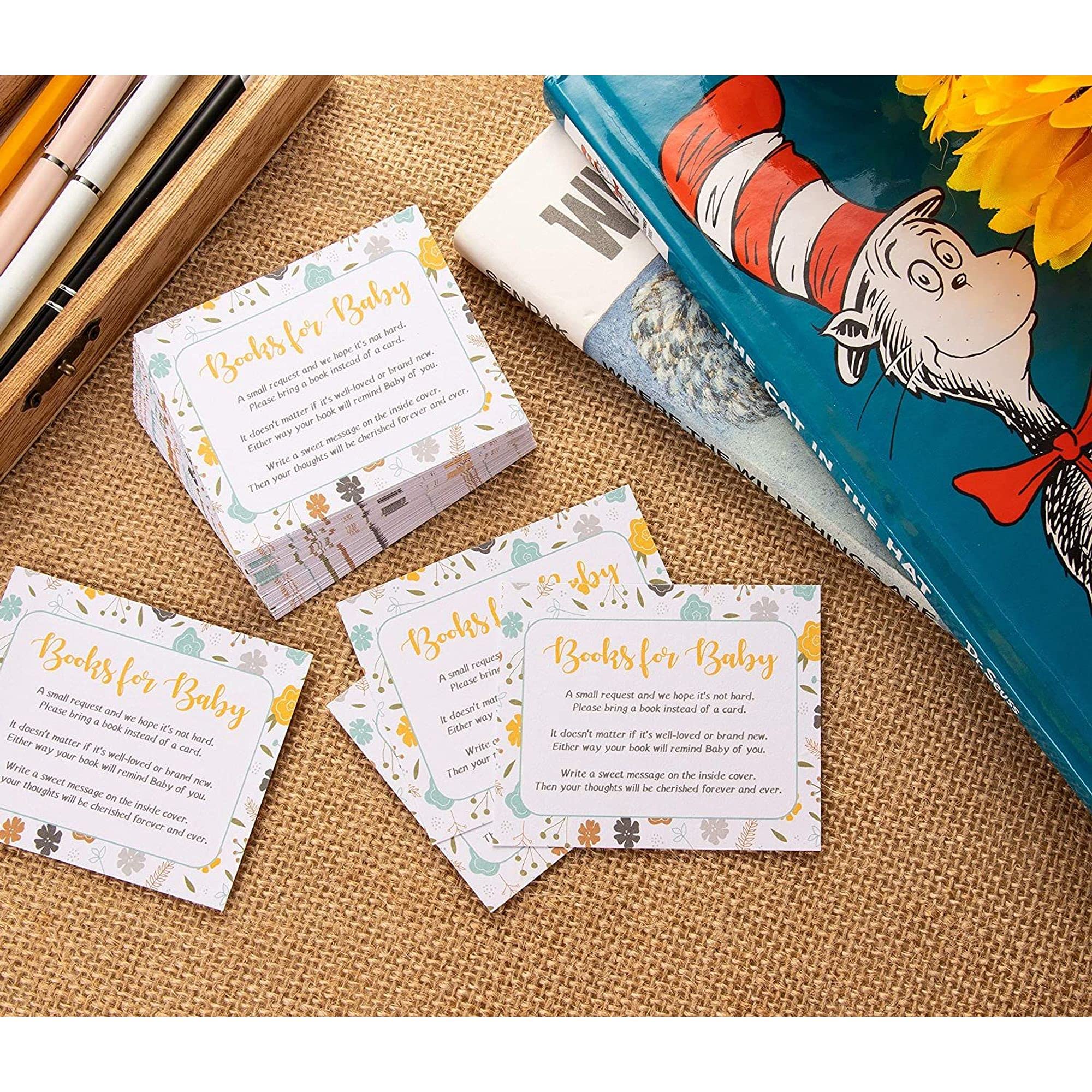 Books for Baby Request Cards - 60-Pack Baby Shower Invitation Insert Card Party Supplies, Gender Reveal Gift Request Card, Unisex Floral Design, 3 x 2.5 Inches