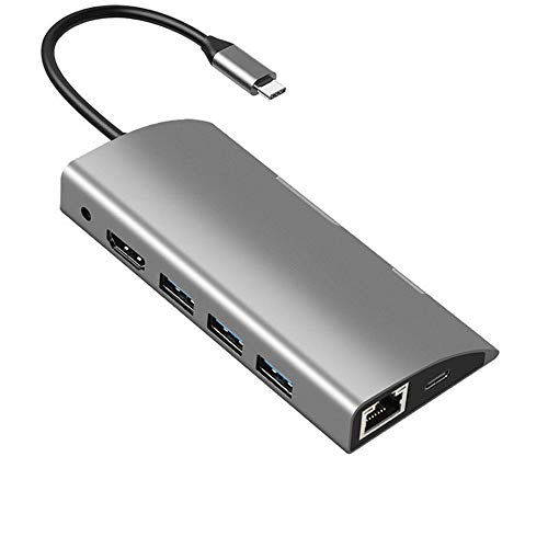 ZPLJ High-Speed 9-in-1 USB C Hub with Ethernet Port 4K HDMI PD Charging Audio 3 USB 3.0 Ports Support SD TF Card Reader Compatible Portable (Color : Gray, Size : 110X54X17MM)