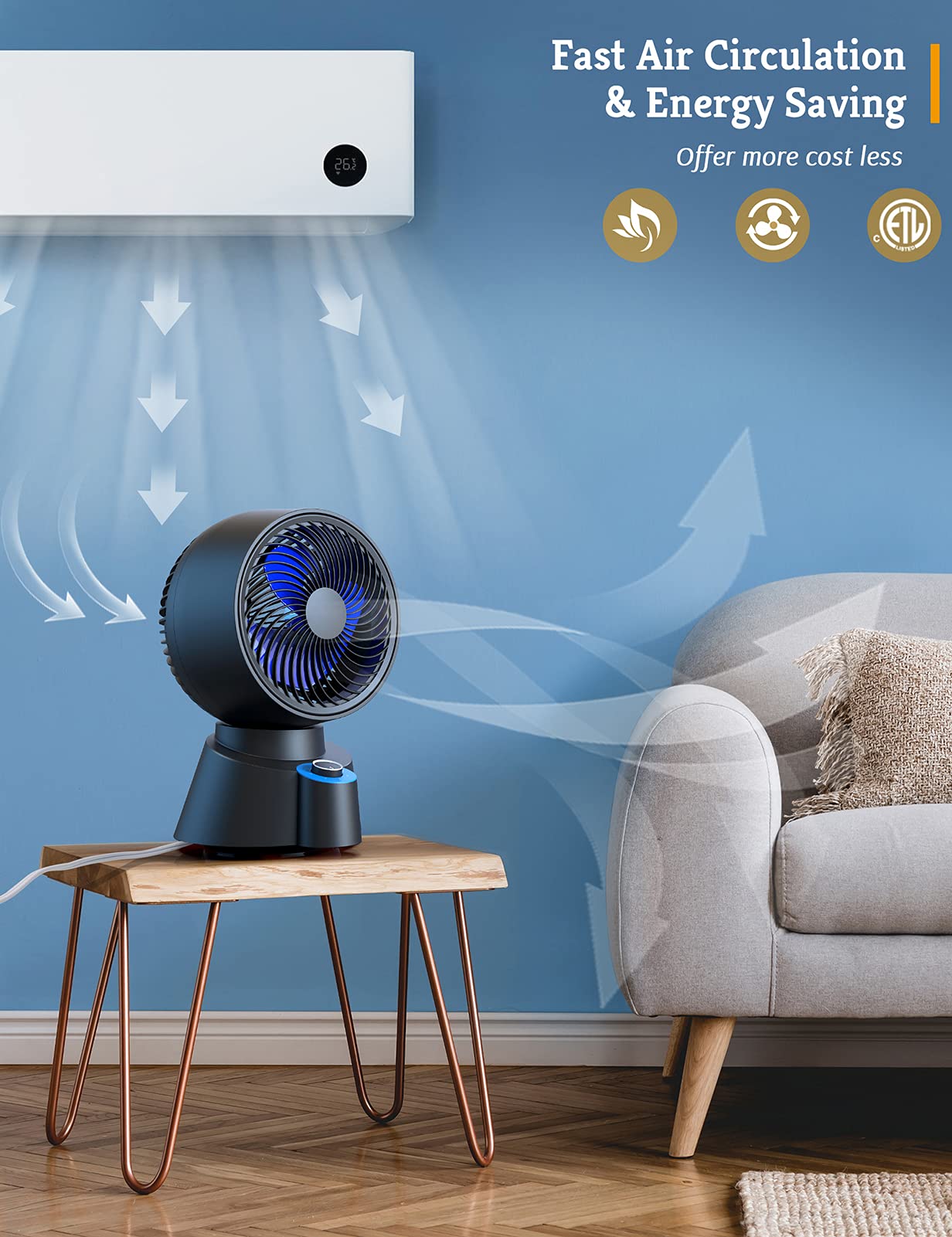 Air Circulator Whole Room Fan, Oscillating Fan, Super Quiet Powerful Wind, Energy-Saving, Table Desk Floor Fan in Bedroom ,Office with 3 Wind Speeds and Auto Oscillating