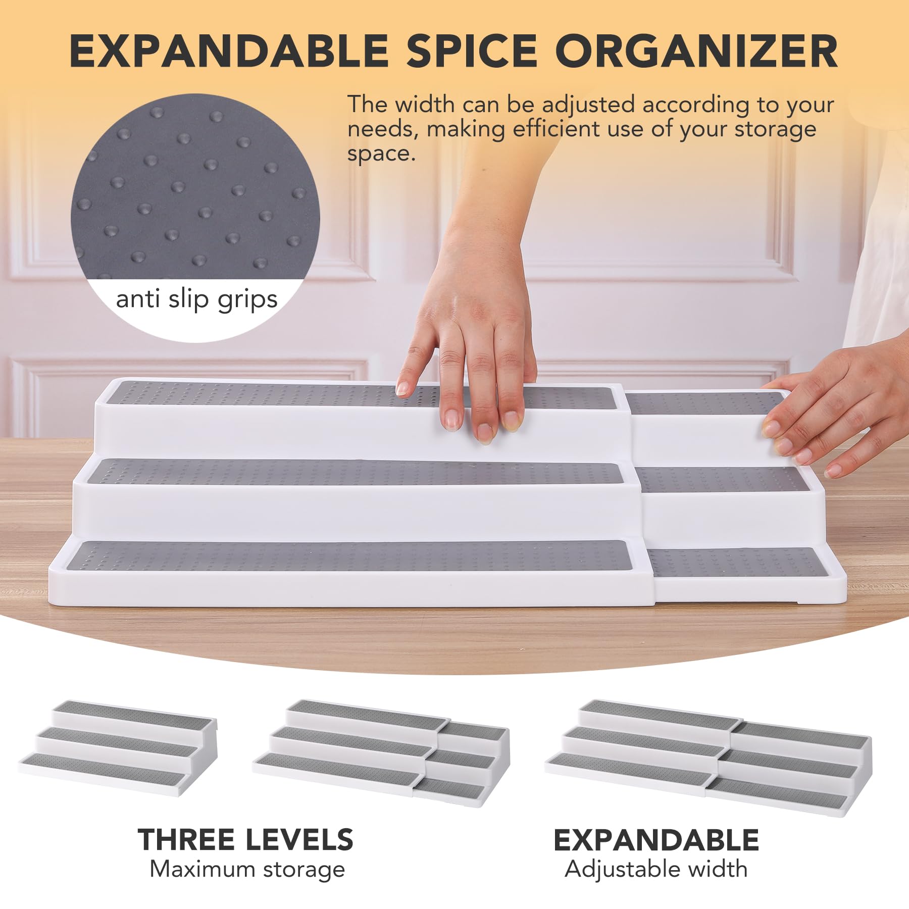 3-Tier Spice Rack, Plastic Spice Rack Organizer for Cabinet, Non-Skid Spice Shelf Organizer for Kitchen Cabinet, Countertop or Pantry, 3 Pack, White/Grey