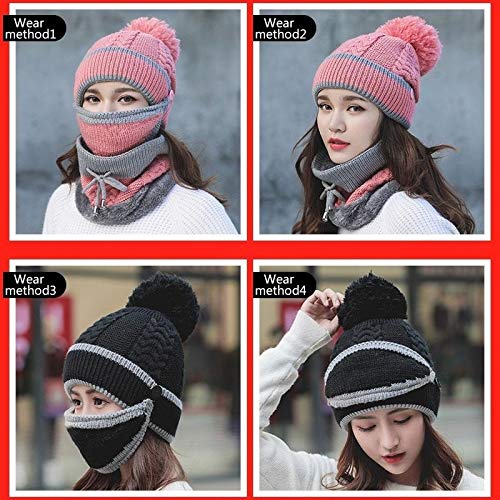 3pcs/Set Fashion Women Winter Knitted Hat Thickened Woolen Cap with Warm Mask and Neck Scarf ((Pink)