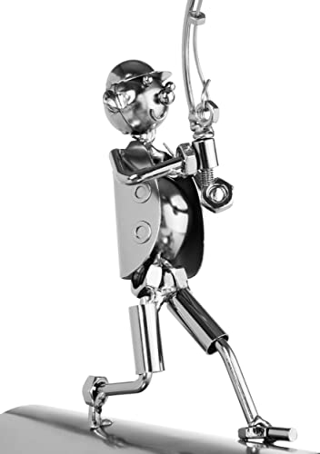 BRUBAKER Wine Bottle Holder 'Fisherman Catching Fish' - Table Top Metal Sculpture - with Greeting Card