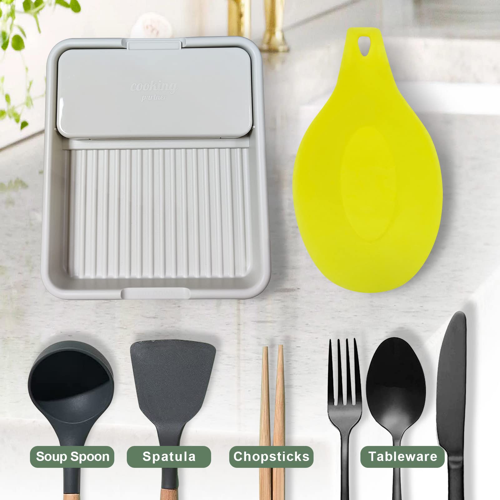 2Pack Spoon Rest with Pot Lid Holder, Foldable Cooking Ladle/Spatula/Spoon Holder Organizer with Drip Pad for Stove Top, Heat-Resistant Utensil Rest for Kitchen Countertop (Ivory)