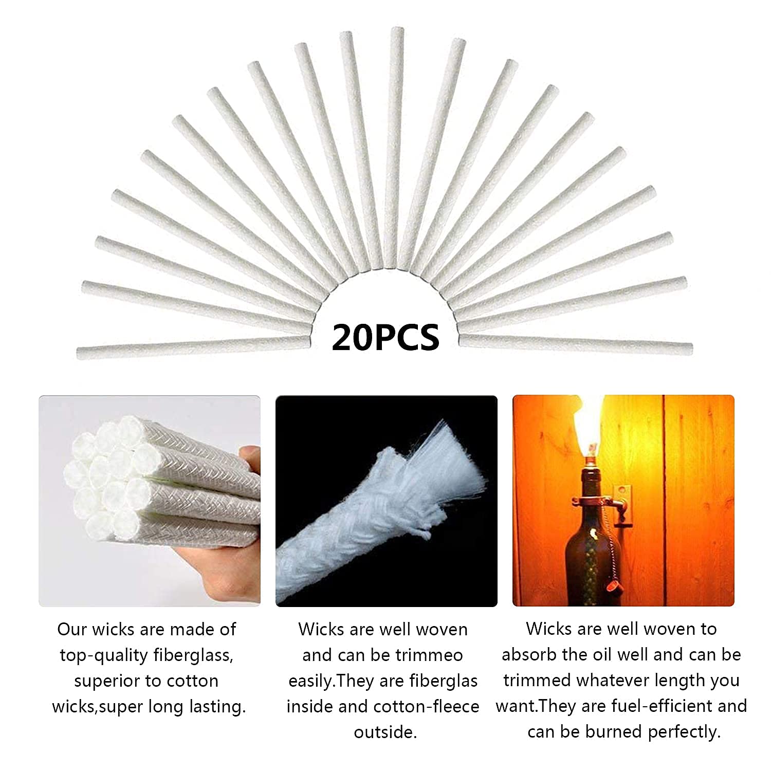 20Pcs Torch Wicks Replacement - Fiberglass Wick for Tiki Torches and Outdoor Lights - 0.5 by 9.85 Inch