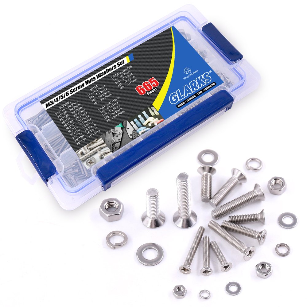 Glarks 665Pcs 304 Stainless Steel M3 M4 M5 M6 Phillips Flat Head Machine Screws Bolts Nuts and Flat Gasket Spring Washers Assortment Set, Full Thread
