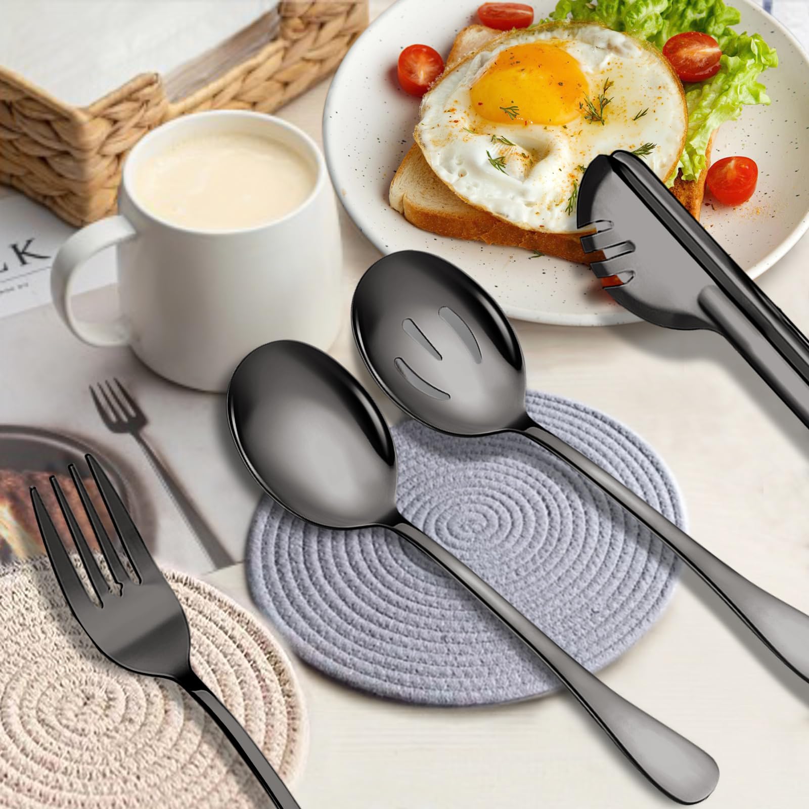 Large Stainless Steel Serving Utensils Set 15 Pcs with 10" Serving Spoon,10" Slotted Spoons,10" Serving Forks,9.5" Serving Tongs,Soup Ladle,Pie Server,Cake/Butter Knife for Buffet/Parties