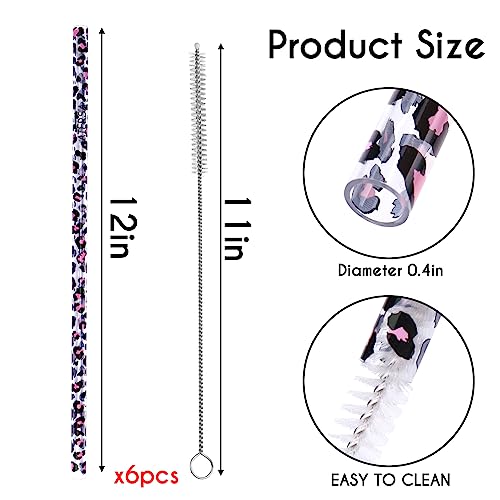 AIERSA 6 Pack Leopard Straw Replacement 40oz for Stanley,Plastic Reusable Straw for Stanley Tumbler,Long Straws with Cleaning Brush for Stanley Cup Accessories