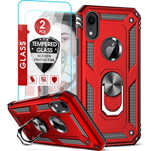 LeYi for iPhone XR Phone Case, iPhone XR Case with [2PCS] Tempered Glass Screen Protector for Women Men, [Military-Grade] Shockproof Phone Case with Ring Kickstand for Apple iPhone XR 10, Red