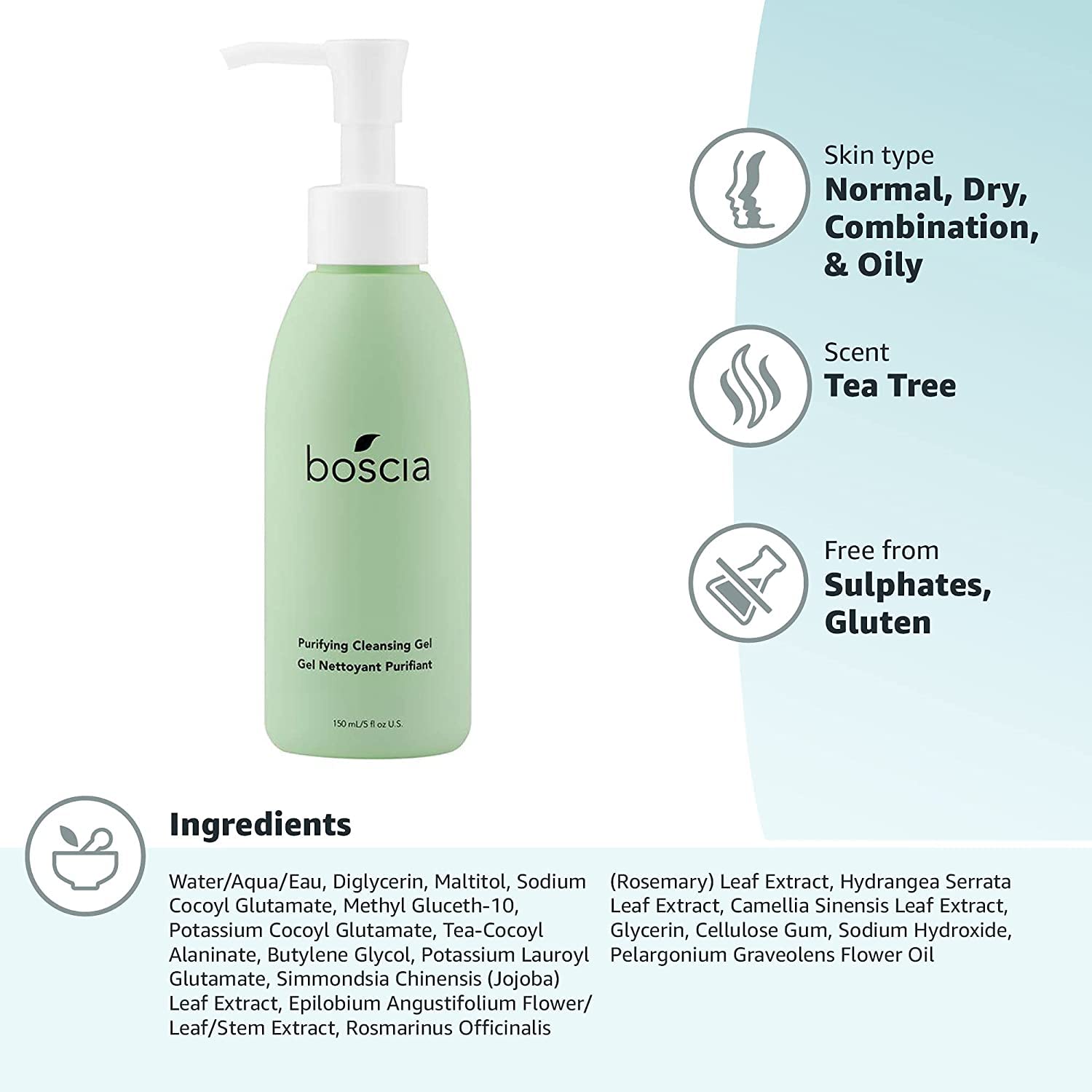 boscia Purifying Cleansing Gel - Vegan, Cruelty-Free, Natural and Clean Skincare | Daily Natural Purifying Deep Cleansing Gel Face Cleanser, 5 fl oz