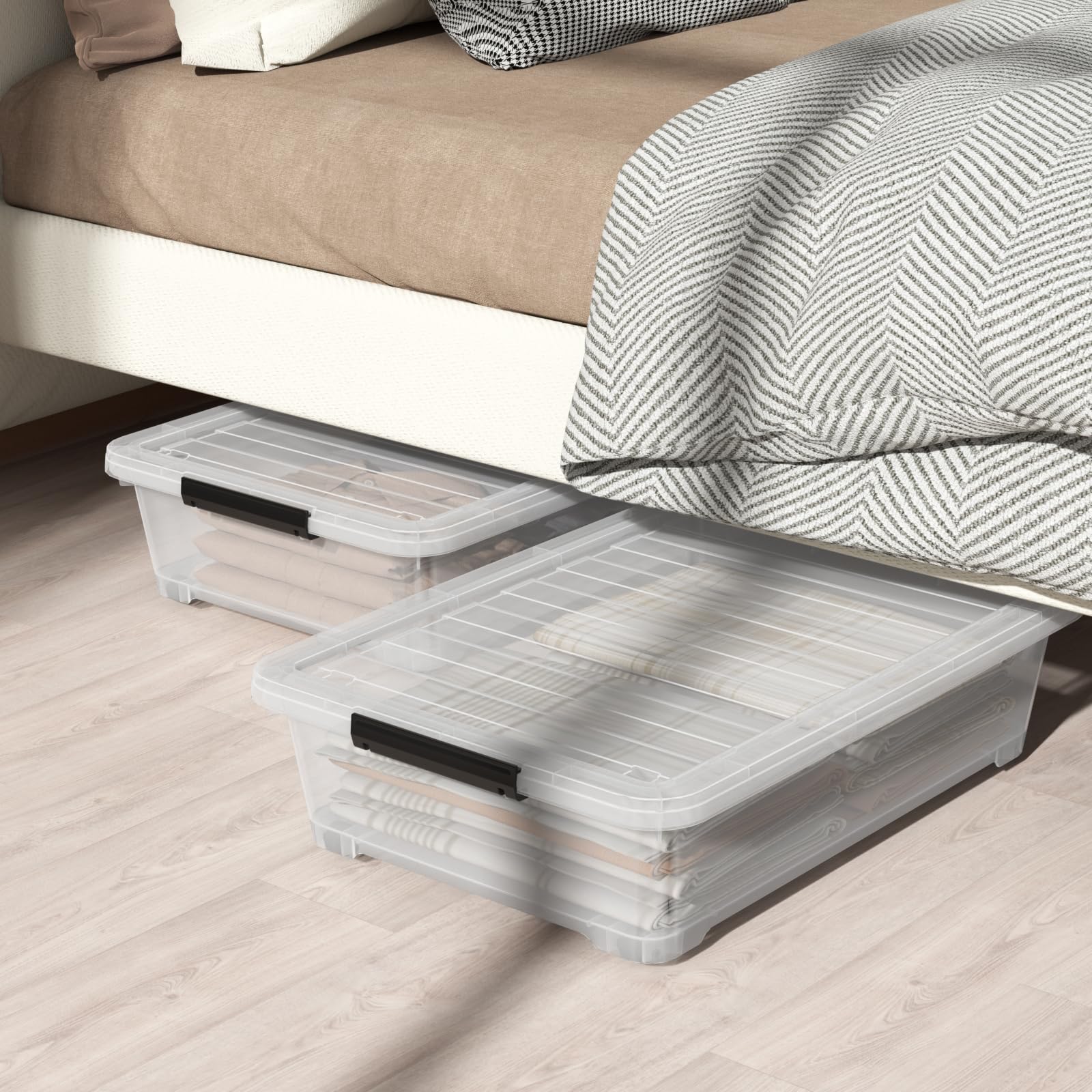 Afromy 3 Pack 20 Qt Wheeled Latching Storage Box, Stackable Underbed Bin with Latch Lid, Clear