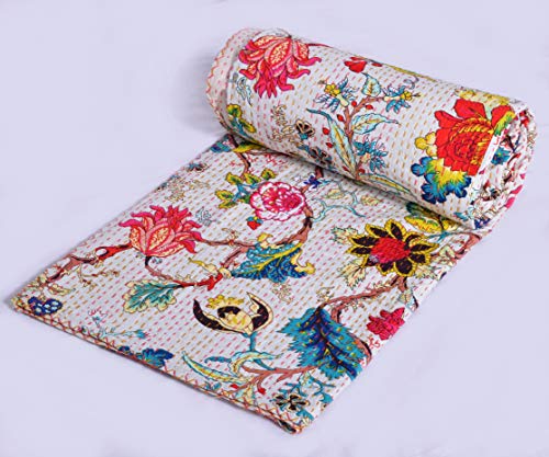 MAVISS HOMES Beautiful and Comfortable Indian Vintage Floral Printed Cotton Kantha Quilt | Throw Blanket Bedspread | Vintage Quilt | Home Décor |Bedding; Floral 6