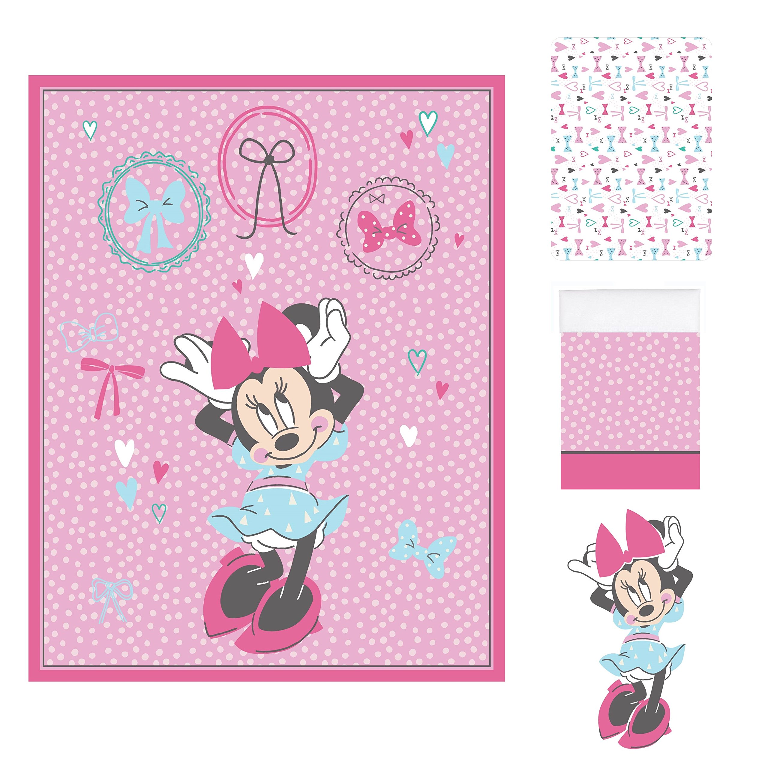 Disney Baby Minnie Mouse All About Bows 4 Piece Nursery Crib Bedding Set, Pink, Aqua