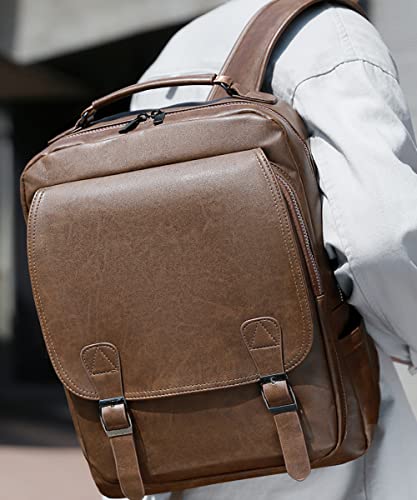 AKAKA Men Brown Outdoor Backpack Imitation Leather Weekend Bag Leisure Bag Carrying Backpack Old Fashion Traveling Laptap Backpack with USB Port.