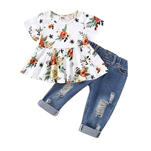 SANMIO Toddler Girl Clothes, Baby Girl Outfits Cute Floral Long Sleeve Ruffle Shirt and Jeans Pants Fall Winter Clothing Set