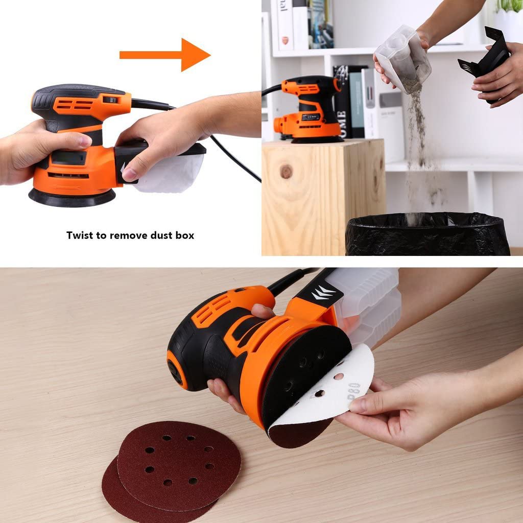 5-inch 3.0A Random Orbit Sander with 12Pcs Sandpapers, 6 Variable Speed 6000-13000RPM and High-Performance Dust Collection System for Woodworking