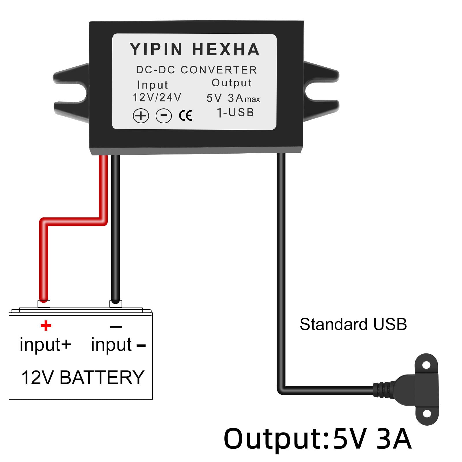 3A 15W DC 12V to 5V USB Female Buck Converter Adapter Step Down Charging Module,USB Female Head with Screw Hole can be Used for Panel Installation