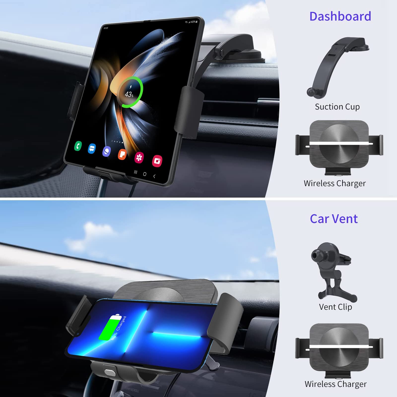 3CASS Fast Wireless Car Charger Compatible with Samsung Galaxy Z Fold4 Fold3 Fold2 S22 Ultra Note20 iPhone 14 Pro Max, Dual Coil for Horizontal & Vertical Placement, Auto Clamp Fast Car Charger