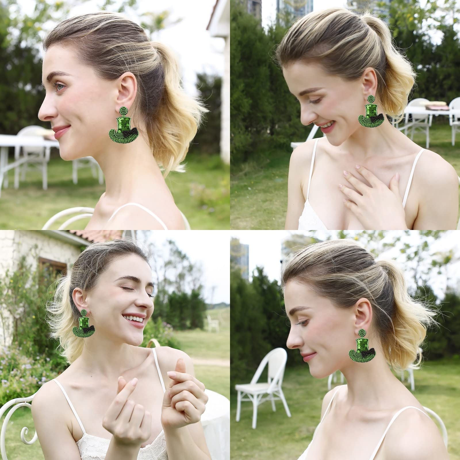 2 Pairs St. Patrick's Day Earrings Green Lucky Clover Beaded Earrings Lucky Shamrock Hat Drop Dangle Earrings
