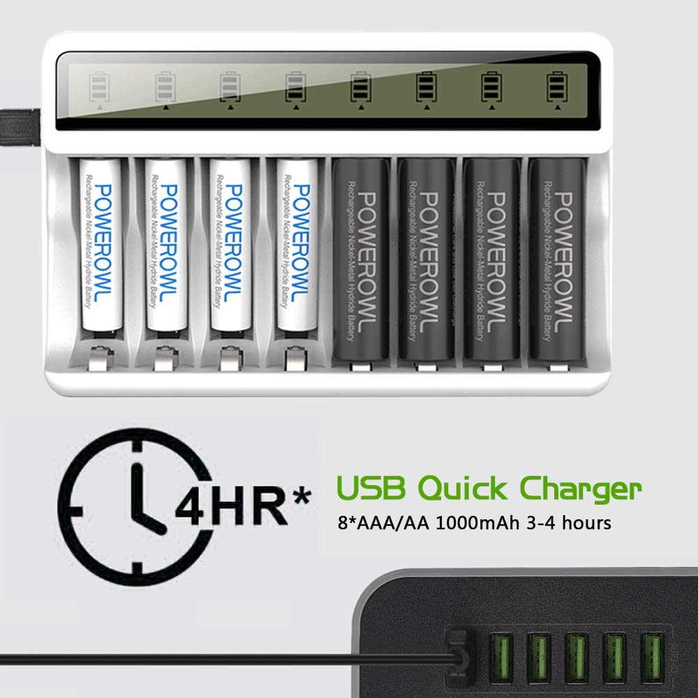 POWEROWL 8 Bay AA AAA Battery Charger with LCD Display (USB Quick Charging, Independent Slot) for Ni-MH Ni-CD Rechargeable Batteries