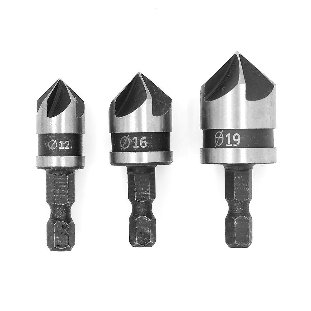 Buwico 1/4" Hex Shank 12mm/16mm/19mm Countersink Drill Bit 5 Flute 90 Degree Woodworking Countersink Bits