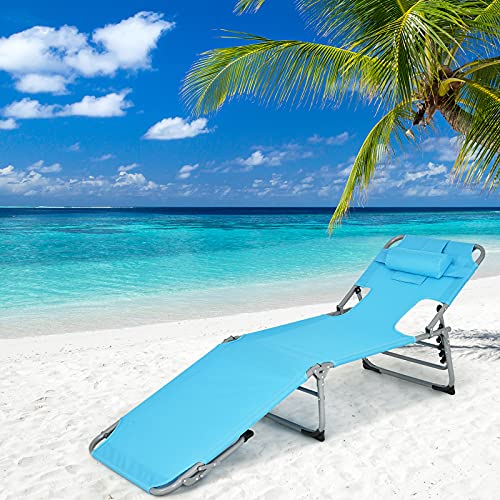 GYMAX Tanning Chair, Folding Beach Lounger with Face Arm Hole, Adjustable Backrest,Side Pocket, Removable Pillow & Carry Handle, Outside Sunbathing Lounge Chair for Patio, Poolside (1, Turquoise)
