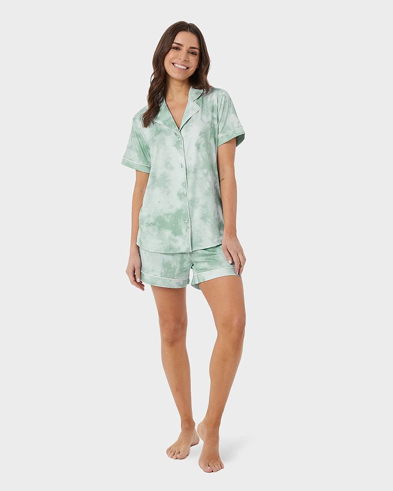 32 DEGREES Women's Cool Button Up 3 Piece Sleep Set |4-Way Stretch | Button up Top | Lounge Capri and Short, Light Mint Hazy Tie Dye, X-Large