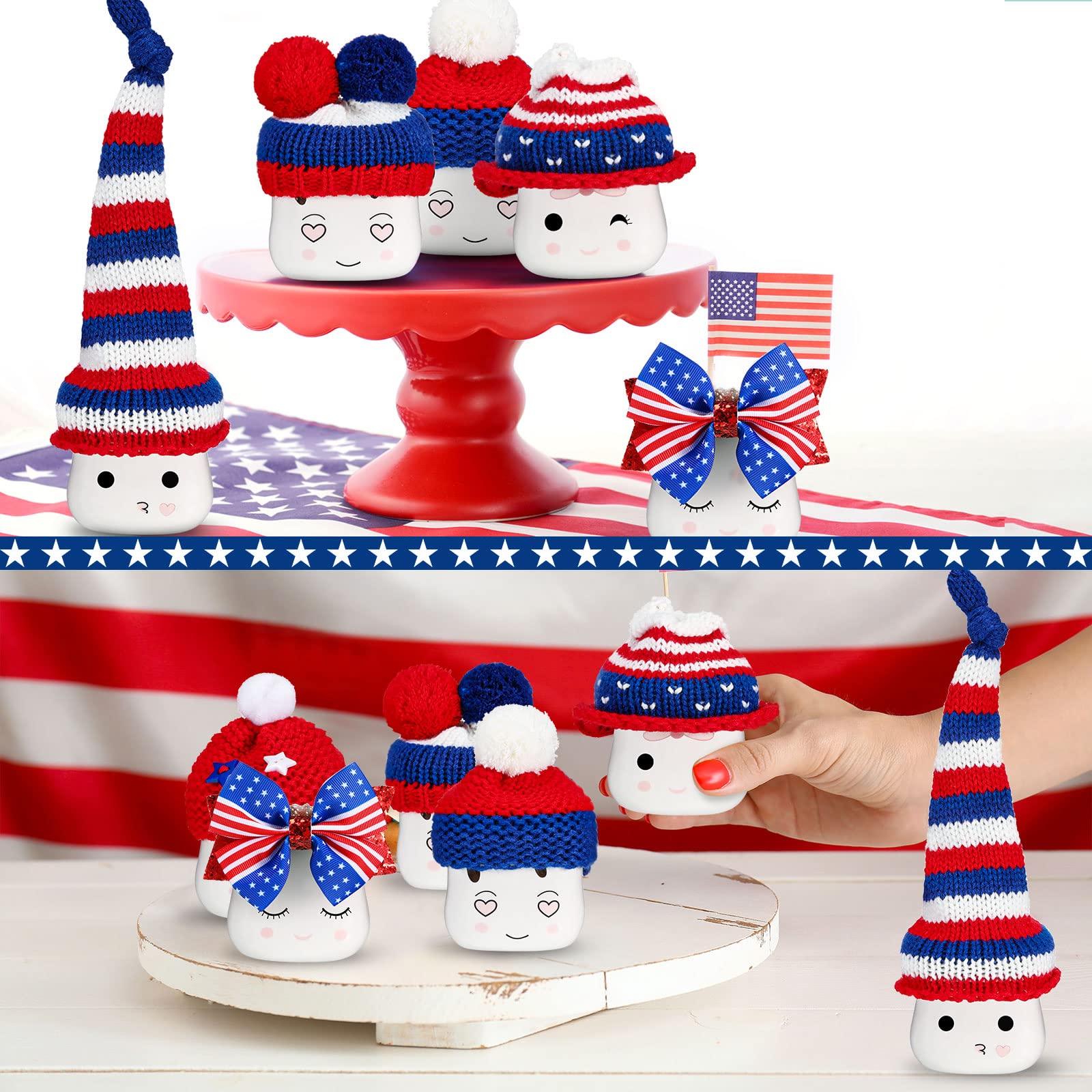 6 Pieces 4th of July Marshmallow Mug Hat Crochet Independence Day Mug Topper Hat Knitted Cup Head Mug Set Mini Marshmallow Mug Topper Decorative Mug Hat Cover for Coffee Mug Tiered Tray Decor