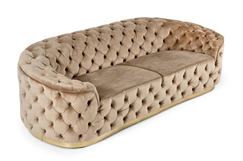 Limari Home Alban Collection Glam Style Living Room Velvet Fabric Upholstered Diamond Button Tufted Sofa With Gold Stainless Steel Accents, Beige