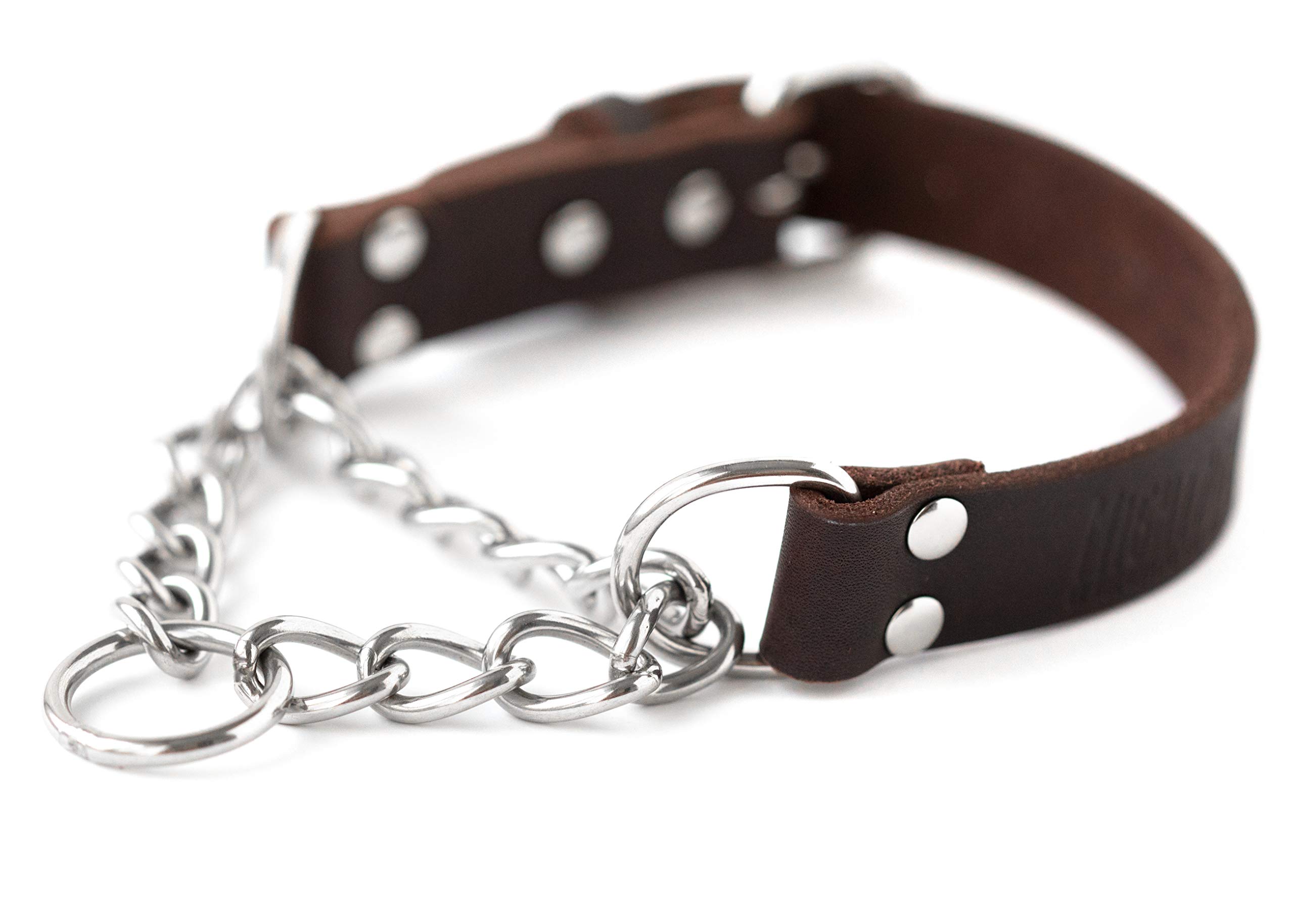 Mighty Paw Martingale Dog Collar - No Pull Design - Stainless Steel Chain - Limited Chain Cinch Training - Dog Collar Leather Martingale - Brown Leather Martingale Training Collar - Large Size Collar