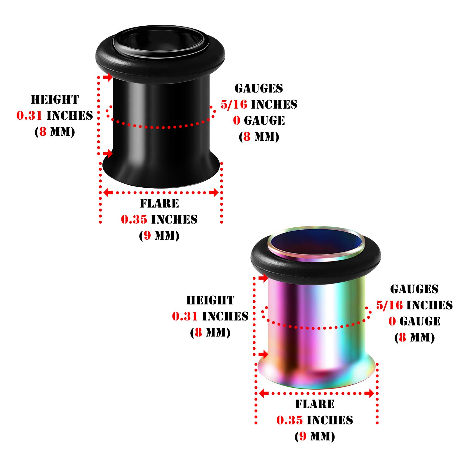 2 Pairs Steel Rainbow Anodized Gauges 12 mm Black Single Flared Piercing Ear Stretcher Plugs O-ring flesh Tunnel Lobe BG11625