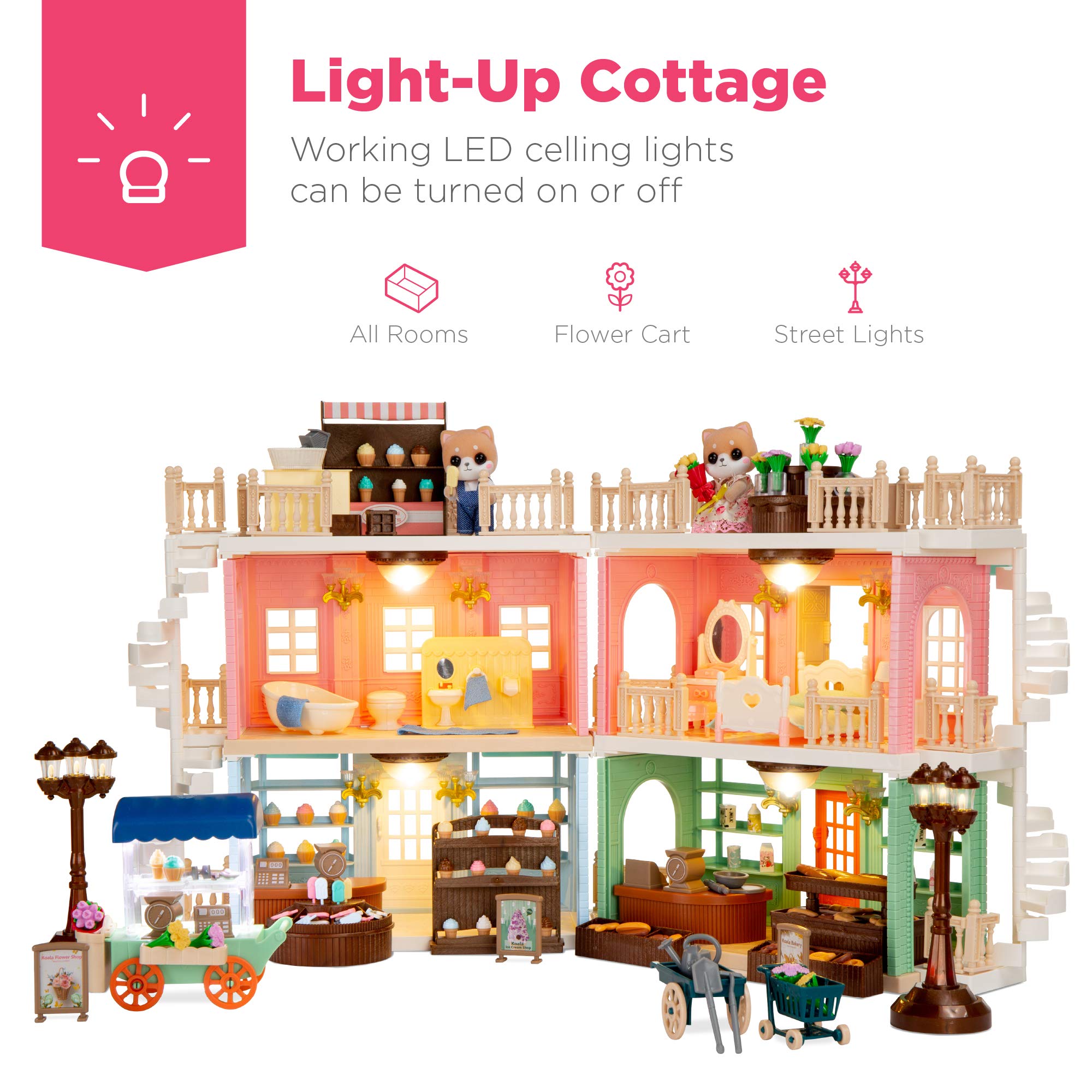 Best Choice Products Deluxe Cottage Dollhouse Town Mansion Playset Gift Set Pretend Play Toy with 225 Accessories and Tiny Critters for Kids