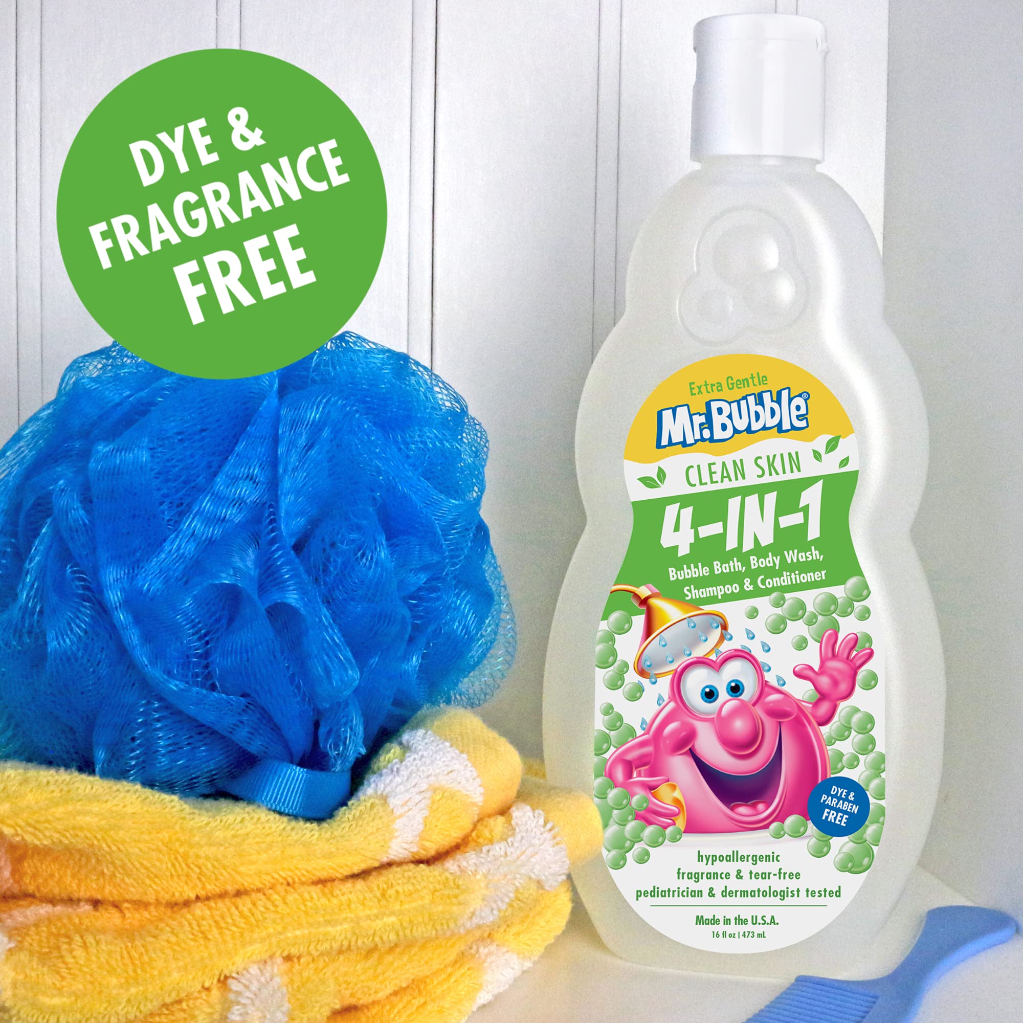 Mr. Bubble Kids Extra Gentle 4-in-1 - Body Wash, Shampoo, Conditioner, and Bubble Bath - Hypoallergenic, Non-Scented, Dye Free, No Tear Formula, Perfect for Sensitive Skin (4 Bottles, 16 fl oz each)