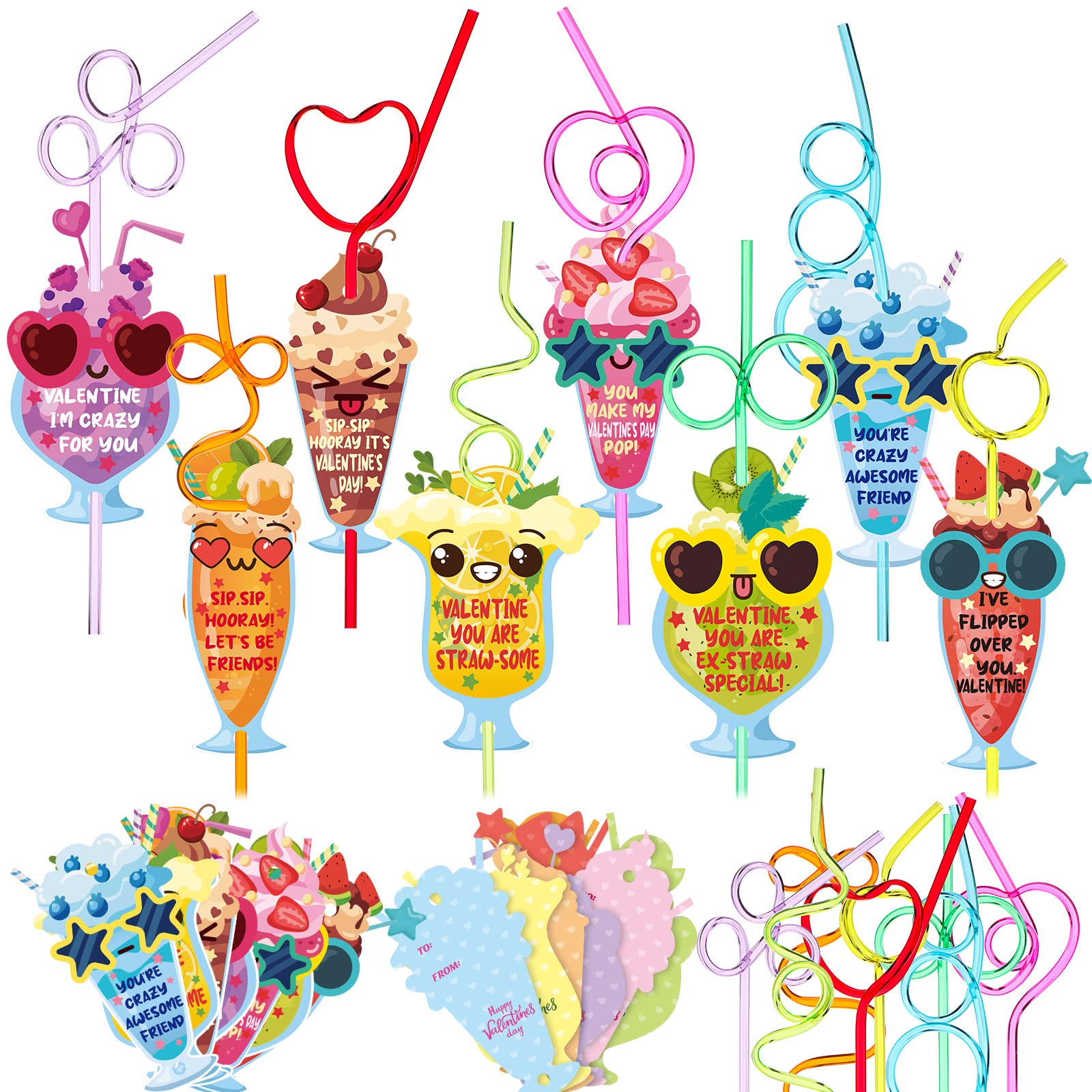 32 Pack Valentines Day Cards with Crazy Straws for Kids Valentine Gift Card Exchange with Heart Straws for Girls Boys School Class Exchange Gifts Prizes Valentine's Party Favors