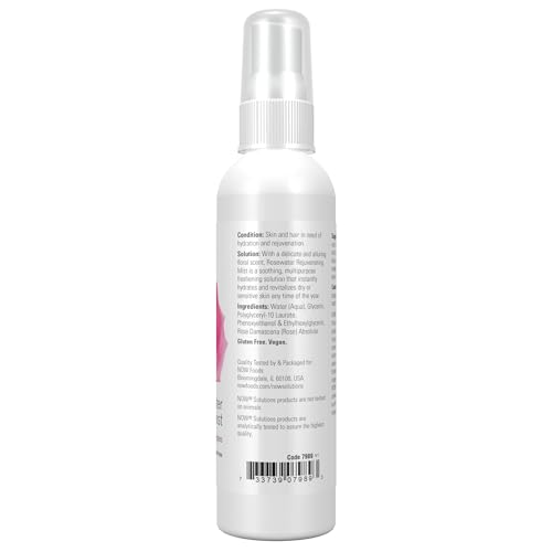 NOW Foods Solutions Rosewater Rejuvenating Mist, Hydration and Rejuvenation Spray for All Skin and Hair Types, 4-Ounce