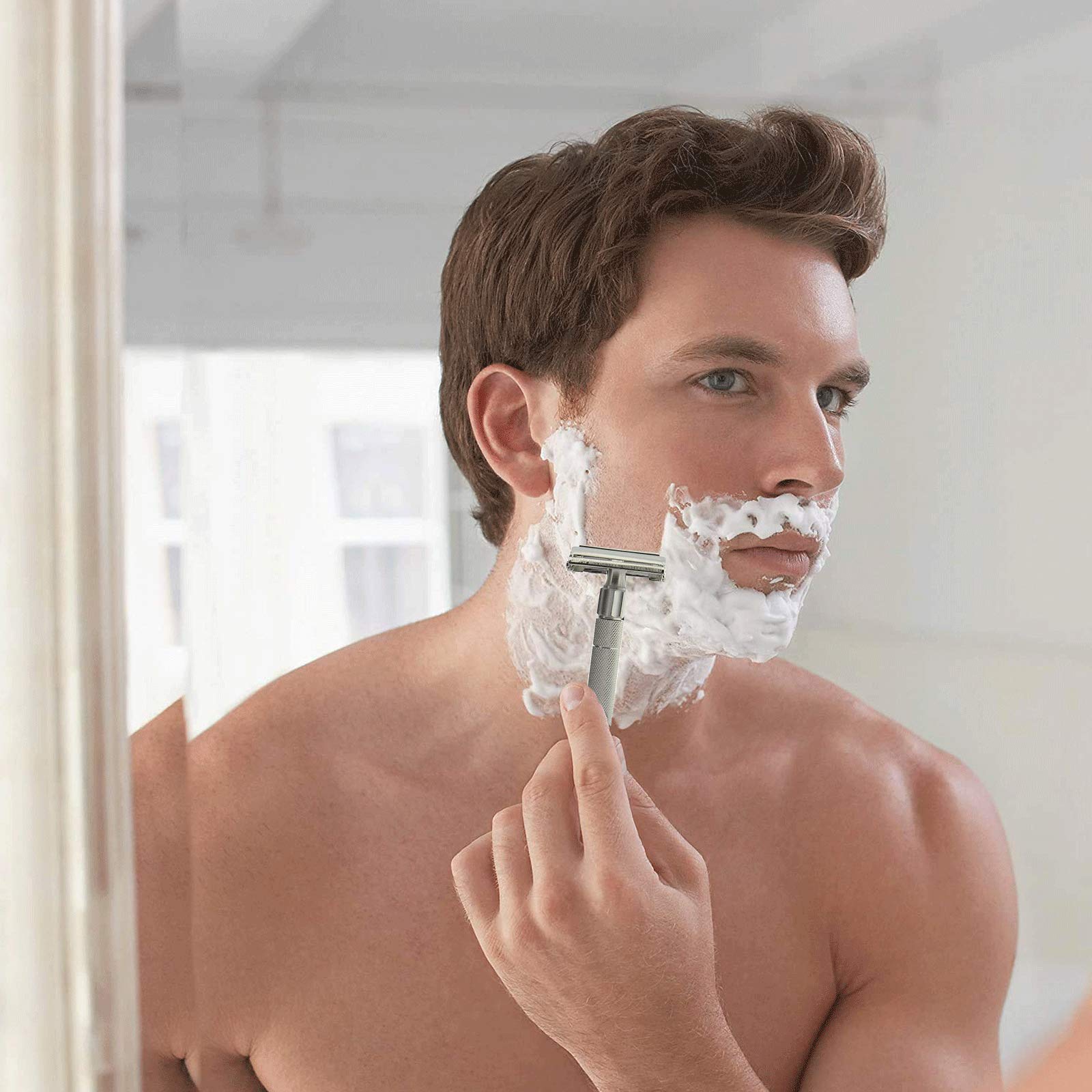 Krisp Beauty Long Handled Double Edge Safety Razor, Butterfly Open Men Women Shaving Razor with 5 Premium Double Edge Shave Blades
