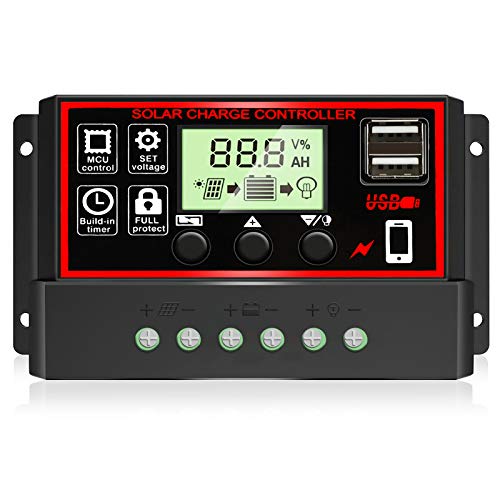 2Pcs 30A Solar Charge Controller, Black Solar Panel Battery Intelligent Regulator with Dual USB Port 12V/24V PWM Auto Paremeter Adjustable LCD Display