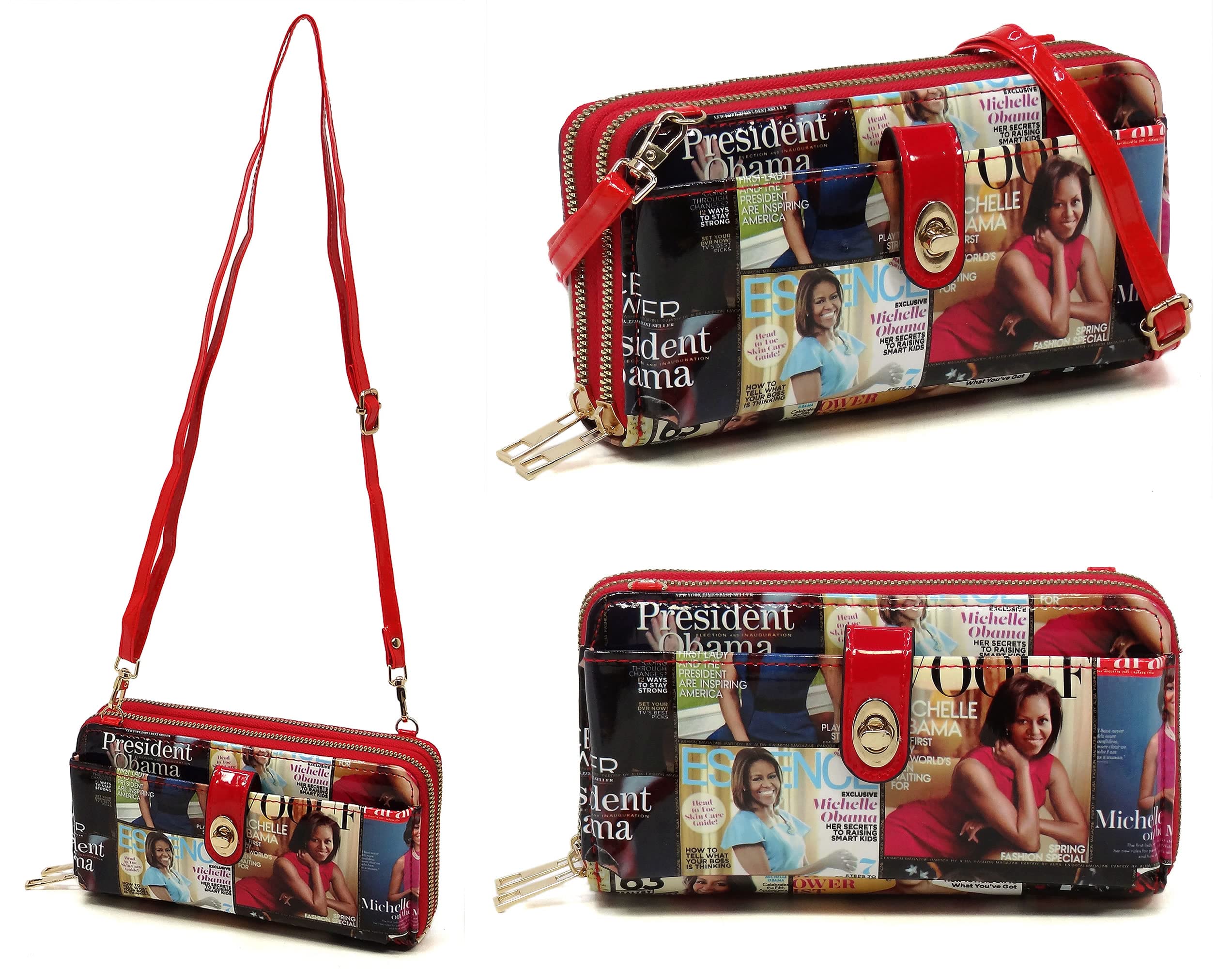 Michelle Obama Magazine Cover Collage Cell Phone Purse Wallet Smartphone Crossbody Wallet Travel Multifunction Phone Case Obama Wallet (A-Multi/Red)