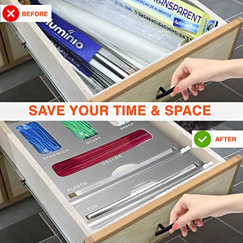 Acrylic Ziplock Bag Storage Organizer For Kitchen Organization Compatible with Gallon, Quart, Sandwich & Snack Variety Bags with Plastic Wrap, Aluminum Foil Dispenser & Cutters with Labels 6 IN 1