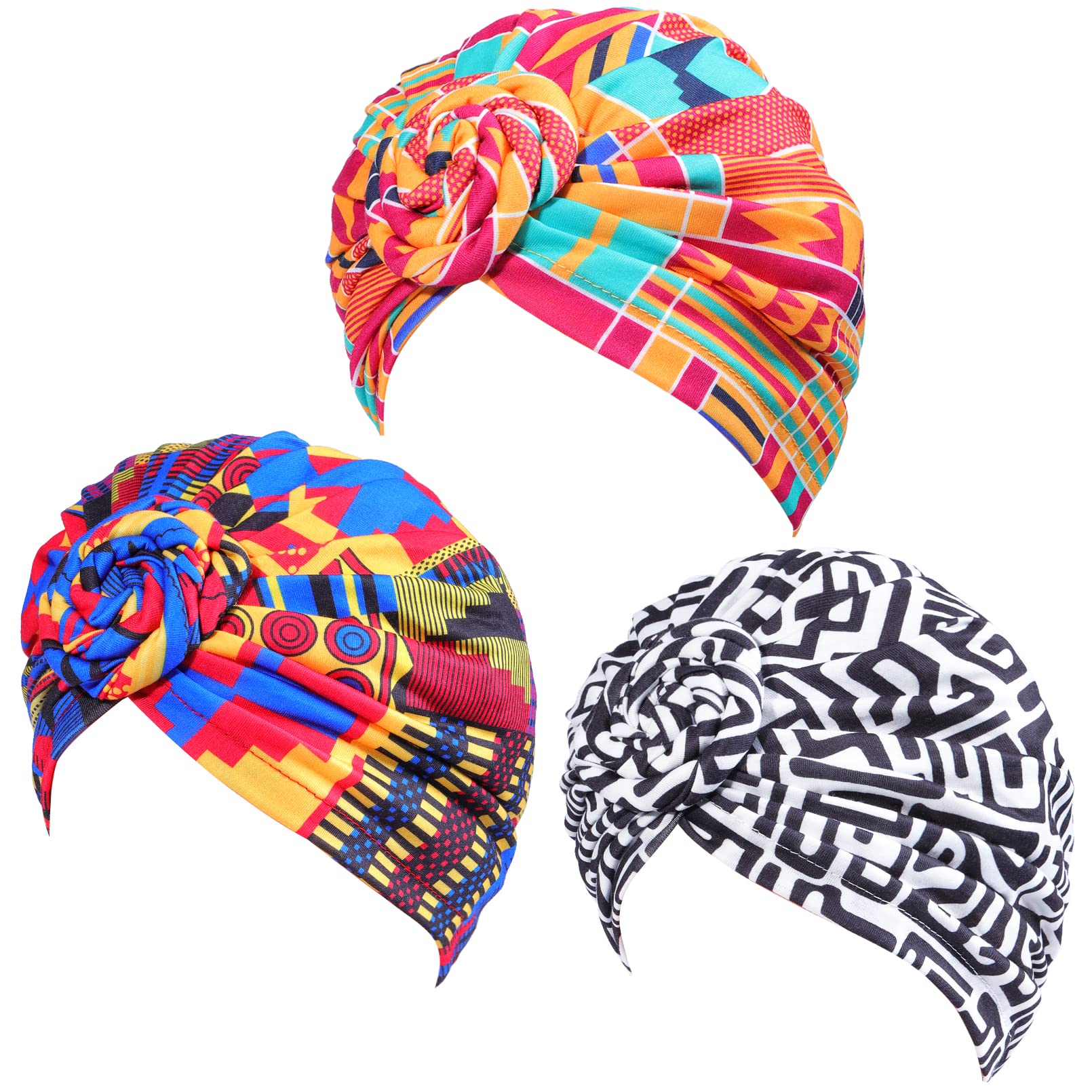 3PCS African Turban for Women,Flower Knot Headwraps,Pre-Tied Bonnet Beanie Cap,Elastic Head Wraps Hat,Hair Loss Hat Chemo Cap
