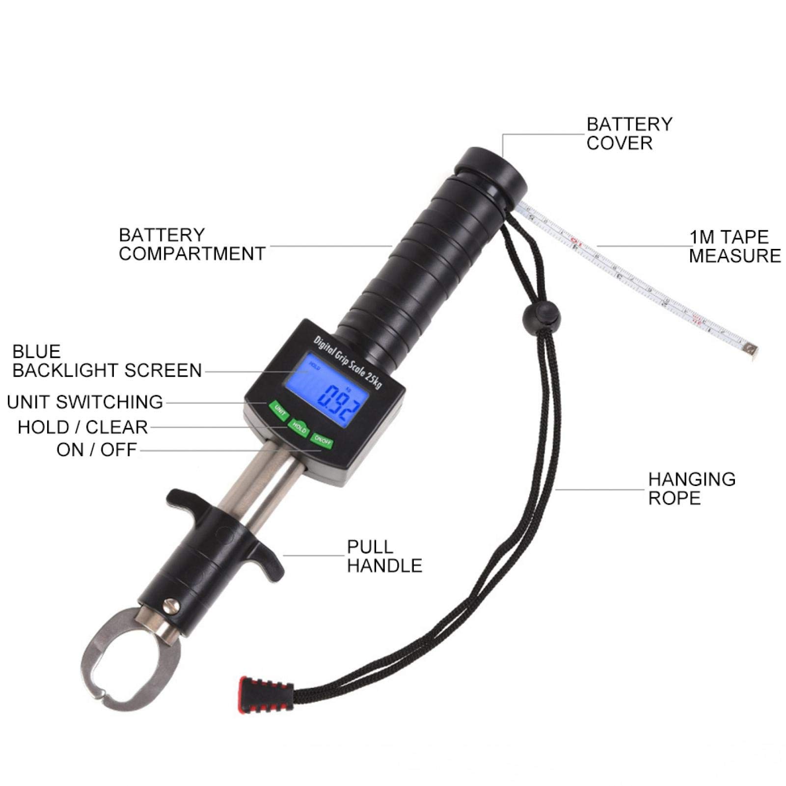 3 in 1 Fish Gripper,Portable Durable Digital Fish Grip Scale 25kg/55lb Fish Lip Gripper Grabber Fishing Tool with 1M Tape Measure