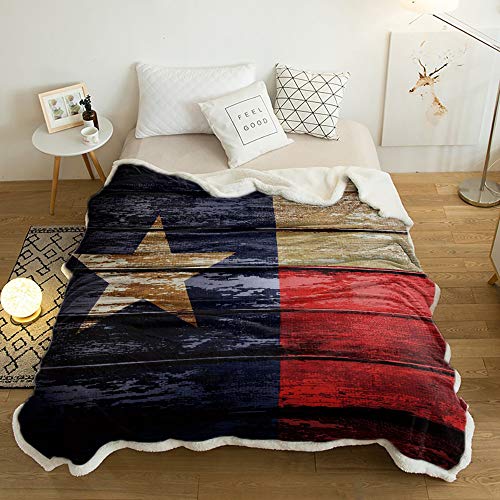SUN-Shine Sherpa Fleece Throw Blanket Vintage Texas Flag Home Decor Reversible Fuzzy Warm and Cozy Throws, Retor Wooden Texture Super Soft Plush Bed TV Blankets for Couch/Sofa/Travel