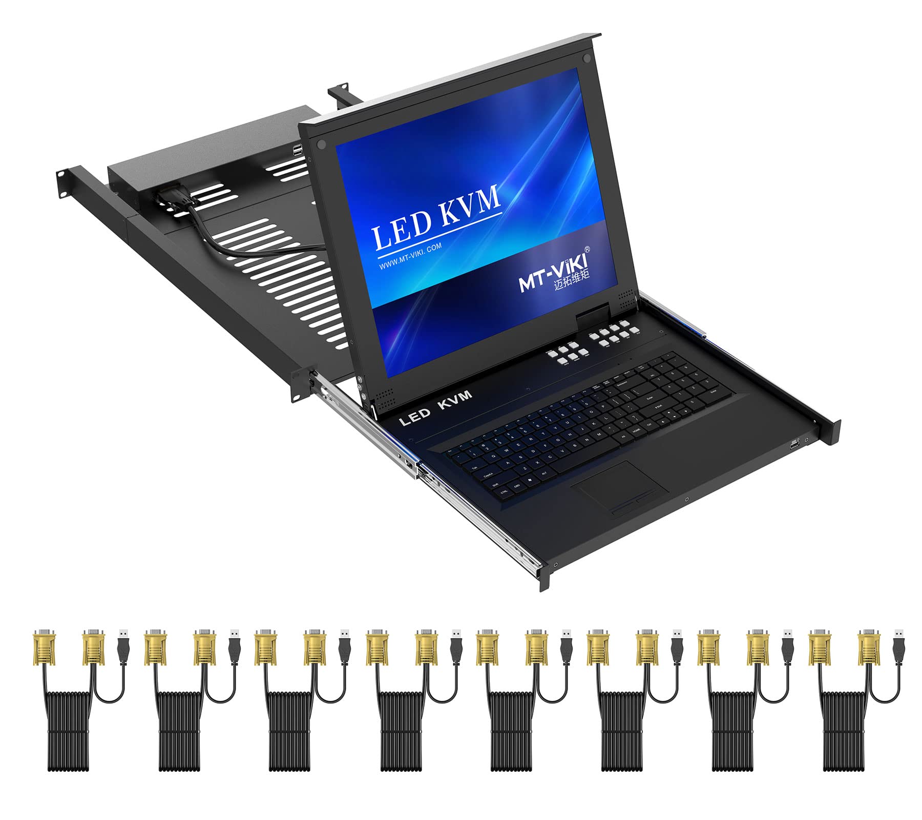 MT-Viki Rack KVM Switch VGA 8 Port w/17'' LCD Monitor, LCD KVM Console Fit 1U 19'' Rack, Support OSD/Hotkey, Integrated with Keyboard+Touch pad+Drawer+8 KVM Cables