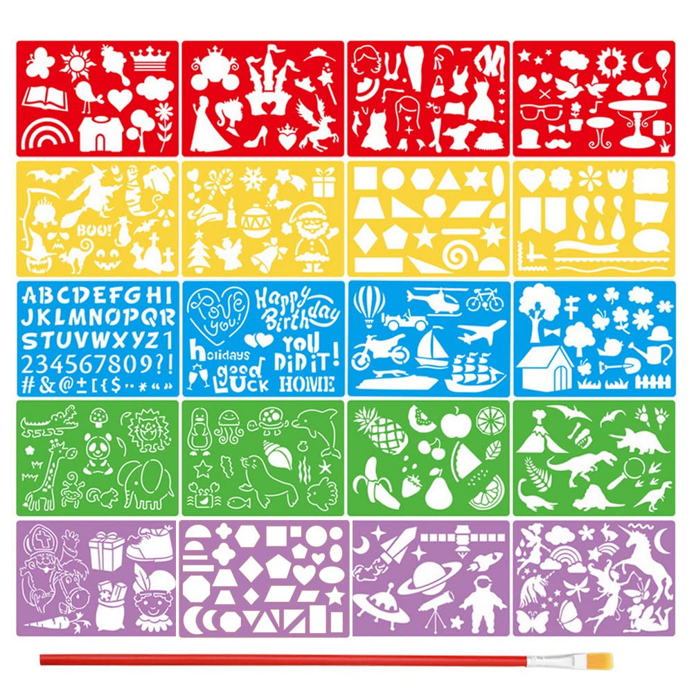 21 Pcs Drawing Painting Stencils Set Stocking Stuffers, Plastic Painting Template Over 300 Different Patterns with 1 Pcs Painting Brush for Crafts