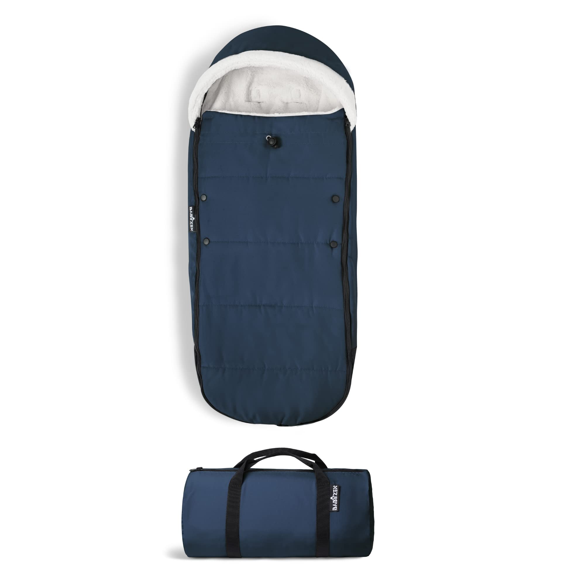 BABYZEN YOYO Footmuff, Navy Blue - Sherpa Lining & Fleece Hood with Drawstring to Keep Baby Warm - Includes Carrying Bag - Machine Washable