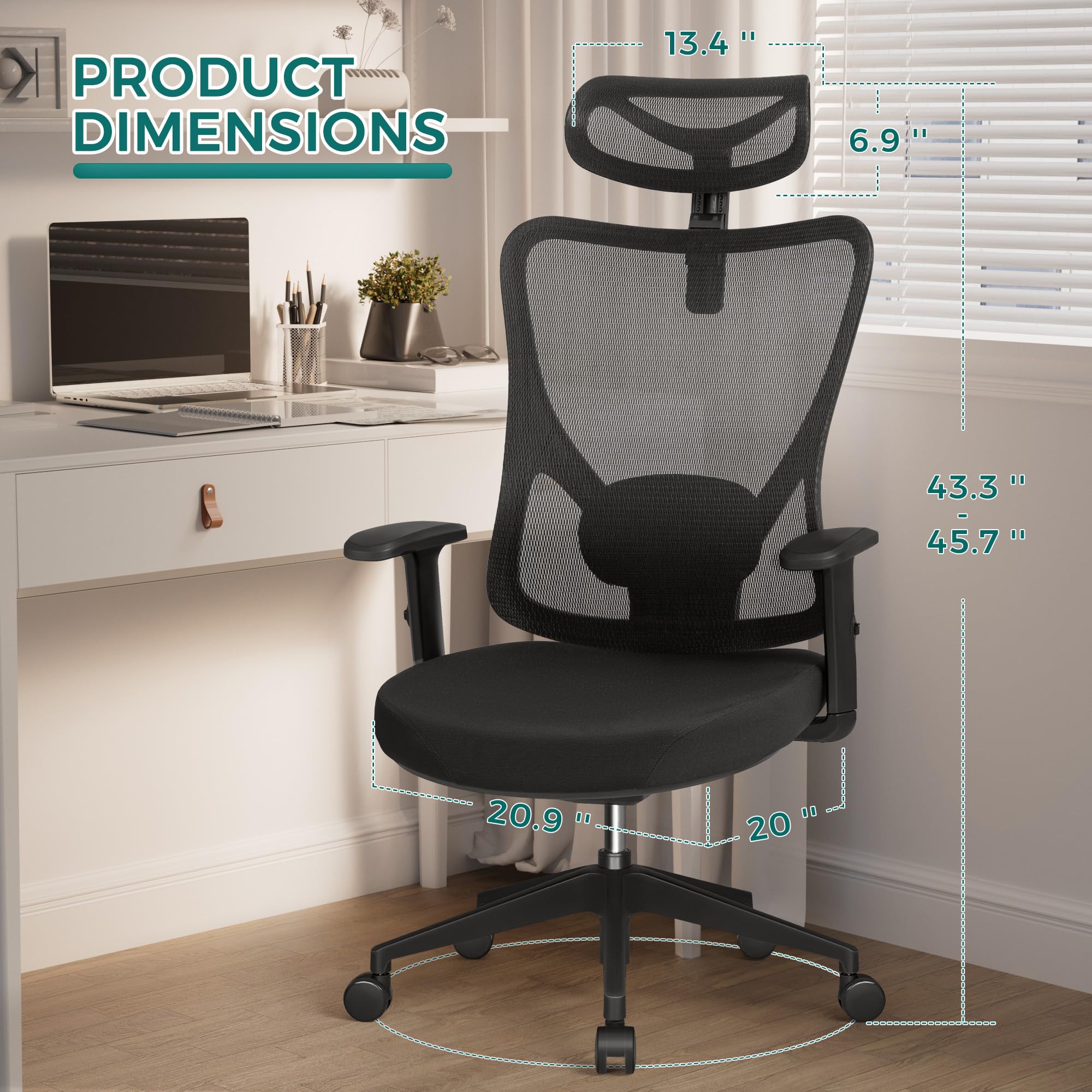 Shahoo Ergonomic Mesh Office Chair with High Back & Adjustable Headrest & Lumbar Support & 2D Armrests & Tilt Function & PU Wheels, Swivel Computer Task Seat for Big and Tall People, Black