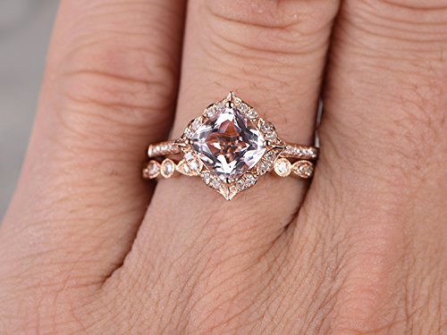2pcs Morganite Bridal Ring Set,Engagement Ring Rose Gold,Diamond Wedding Band,14k,7mm Cushion Cut,Promise Ring,Retro Vintage Floral,Art Deco