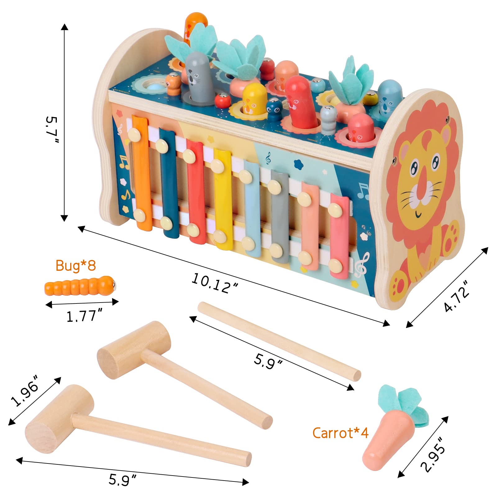BESTAMTOY Wooden Educational Hammering Gopher Toy Worms Catching Radish Xylophone Pounding Bench Early Learning Lion Patterns Cute Colorful Skills Developing Games Hamster Play Set
